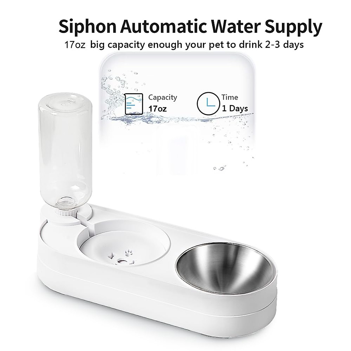 Marchul Stainless Steel Pet Feeder, 2-in-1 Food and Water Bowl Set with Automatic Water Dispenser for Cats and Small Dogs, 0.5L, White