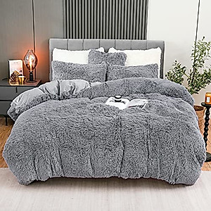 Fluffy Plush Duvet Cover Set Queen Size, Luxury Ultra Soft Velvet Fuzzy Comforter Cover Bed Sets 4Pcs(1 Faux Fur Duvet Cover + 2 Pillow Cases + 1 Pillow Cover) Zipper Closure (Light Gray)