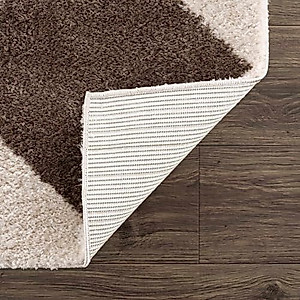 Hauteloom Arilla Modern Geometric Diamond Area Rug for Living Room, Bedroom - Machine Washable Area Rug - Contemporary Soft Cozy Shag Rug - High Pile - Peach, Dark Brown - 6'7" x 9' (6x9)