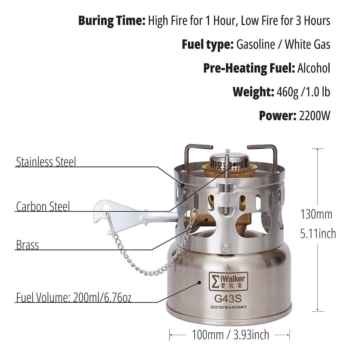 IWALKER G43S Portable Camping Backpacking Stove | Outdoor Gasoline Stove Silent Burner| With Spare Valve Parts BURNER JET NOZZLE NEEDLE for Hiking Travel Picnic Emergency