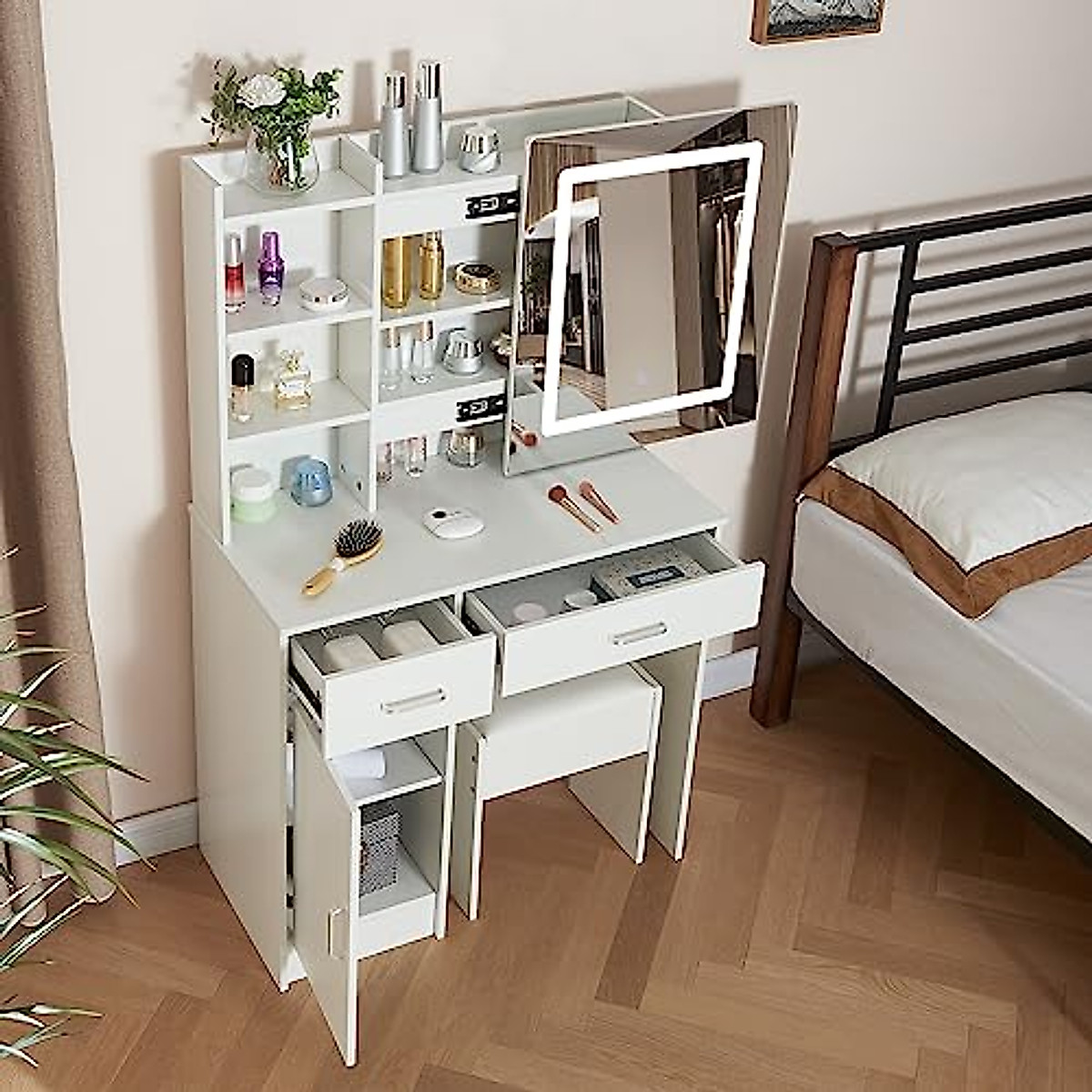 Buildonely Modern Dressing Table Set with Lighted Mirror and Large Tabletop, Vanity Desk Set LED Makeup Table with Touch Screen and Chair for Bedroom, Home, Girls. Women. White