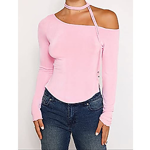 Women's Square Neck Long Sleeve Top Basic Slim Fitted T-Shirt Crop Top Sexy Solid Lace Tee Chic Y2k Aesthetic Clothes