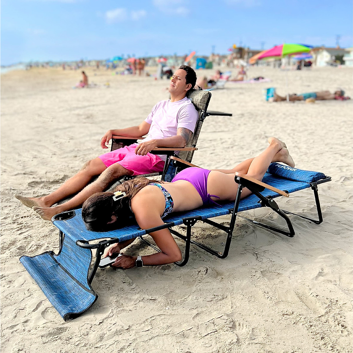 EasyGo Product FLIP Patio Chaise Lounger Chair for Tanning with Face & Arm Holes 4 Legs Support Textilene Material 6 Position Reclining Head Rest Pillow Beach or Home Use-PATENTS Pending, 1 Pack, Blue
