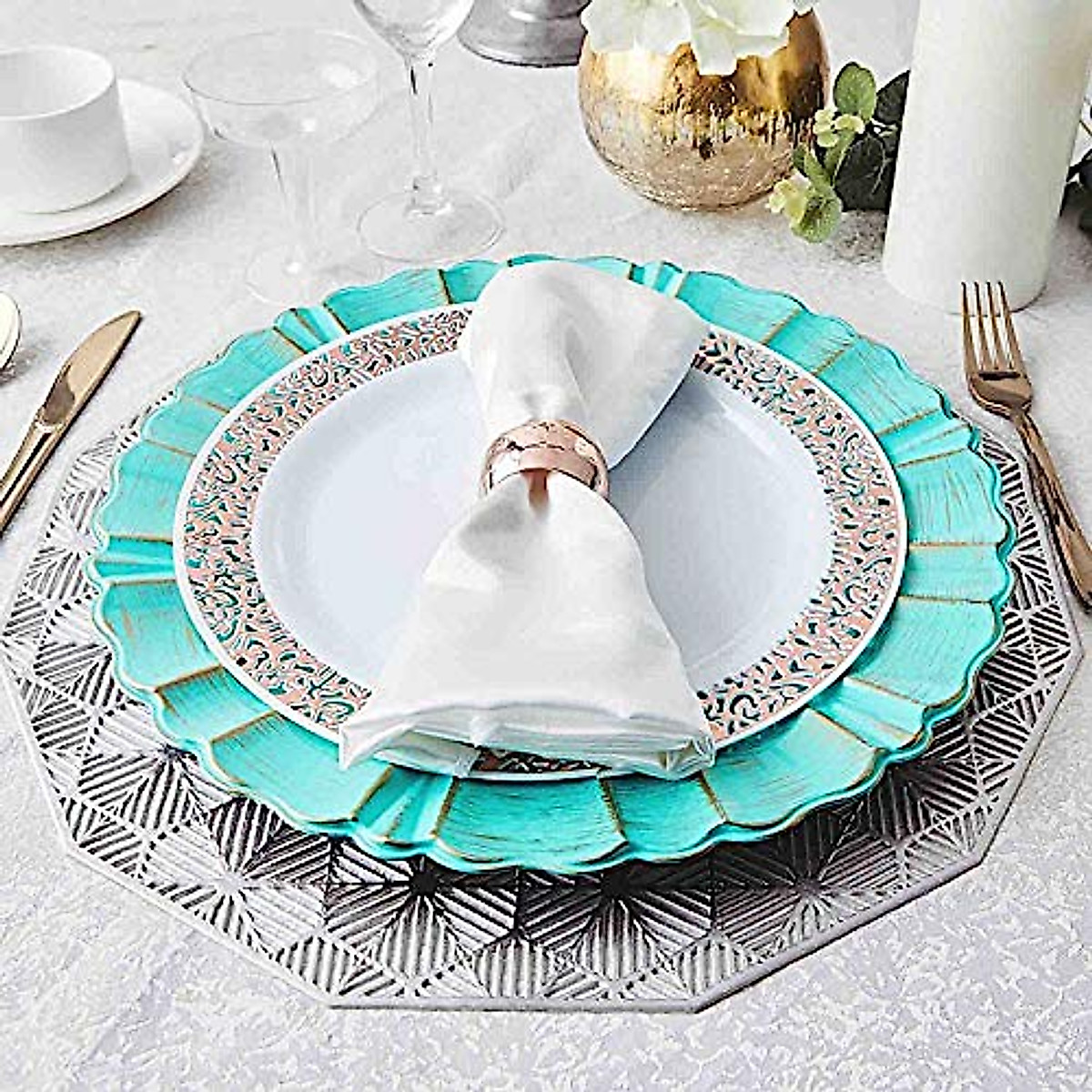 BalsaCircle Charger Plates 6 pcs 13-Inch Turquoise Gold Round Scalloped Trim Plastic Charger Plates Wedding Reception Event Decorations Supplies