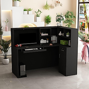 DiDuGo Reception Desk Front Desk Reception Counter, L Shaped Reception Room Table with Storage, Keyboard & Shelves and Drawer, for Salon Office Black (55.9”W x 32.3”D x 48.4”H)
