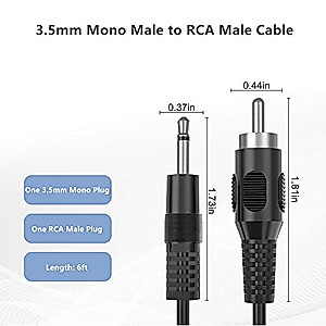 RCA to 3.5mm Mono, 6ft 3.5mm 1/8 inch Mono Male Plug to RCA Male Audio Cable Adapter, for Speakers, Subwoofer