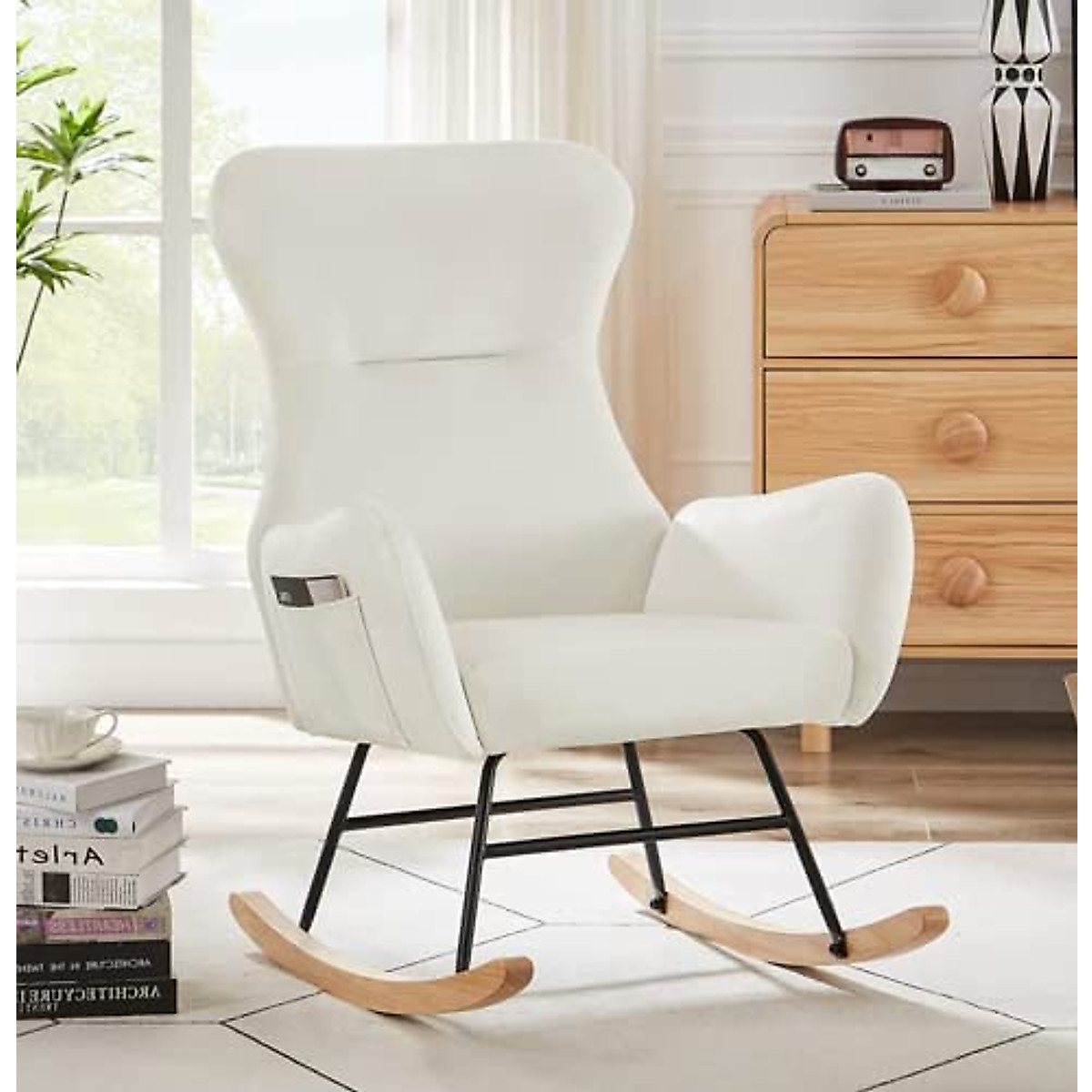 hansones Modern Accent Rocking Chair,Upholstered Glider Rocker for Baby, Indoor for Living Room/Bedroom/Nursery (White Velvet)
