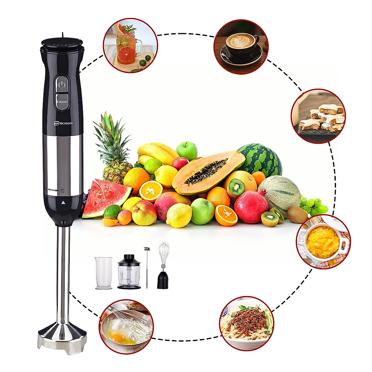 Immersion Hand Blender, 5 in 1 Multi-Purpose Hand Blender, 12 Speed+Turbo Stick Blender with 500ml Chopper, 700ml Beaker, Egg Whisk, Milk Frother, Black