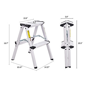 2 Step Ladder Folding White Aluminum Step Stool 2 Step for Adults, 20in
