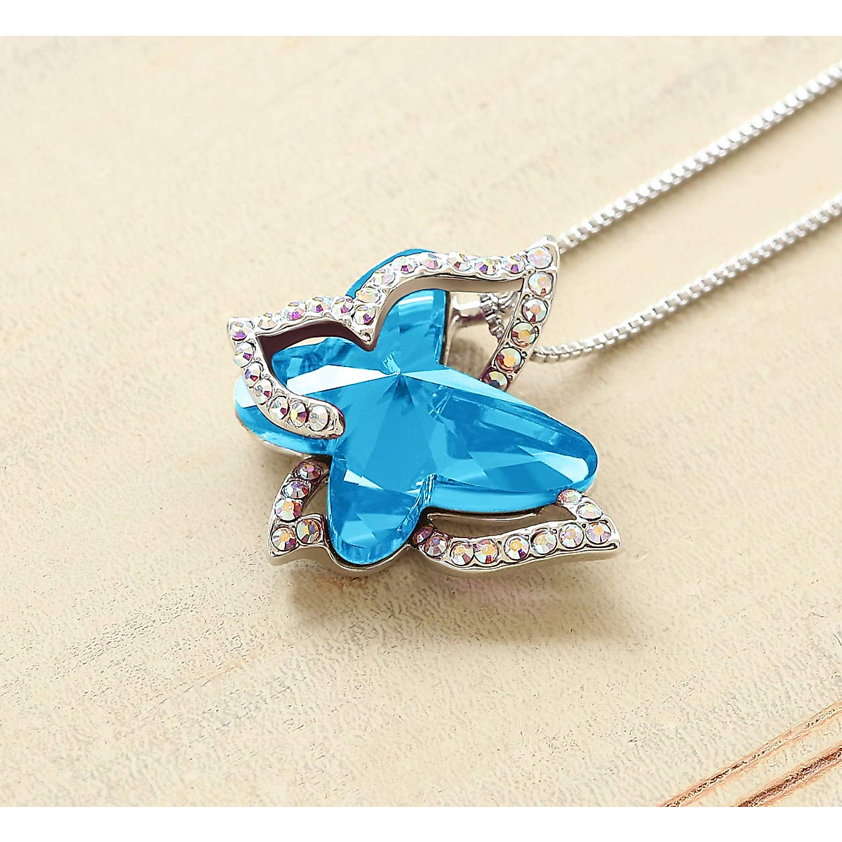 GEMMANCE Butterfly Crystal Necklace with Aquamarine Blue Birthstone for March and December, Silver-Tone, 18”+2” Chain