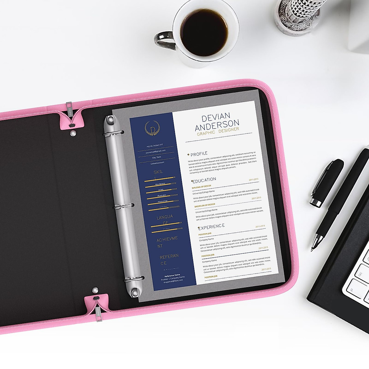 ZOOPIP Fireproof 3 Ring Binder with Zipper, 1.5 Inch D Rings Hold up 375 Sheets of 8.5" x 11" (A4), Compatible with Clear Page Protectors, Built-in Net and Pen Holder(Pink, 1 Pcs)