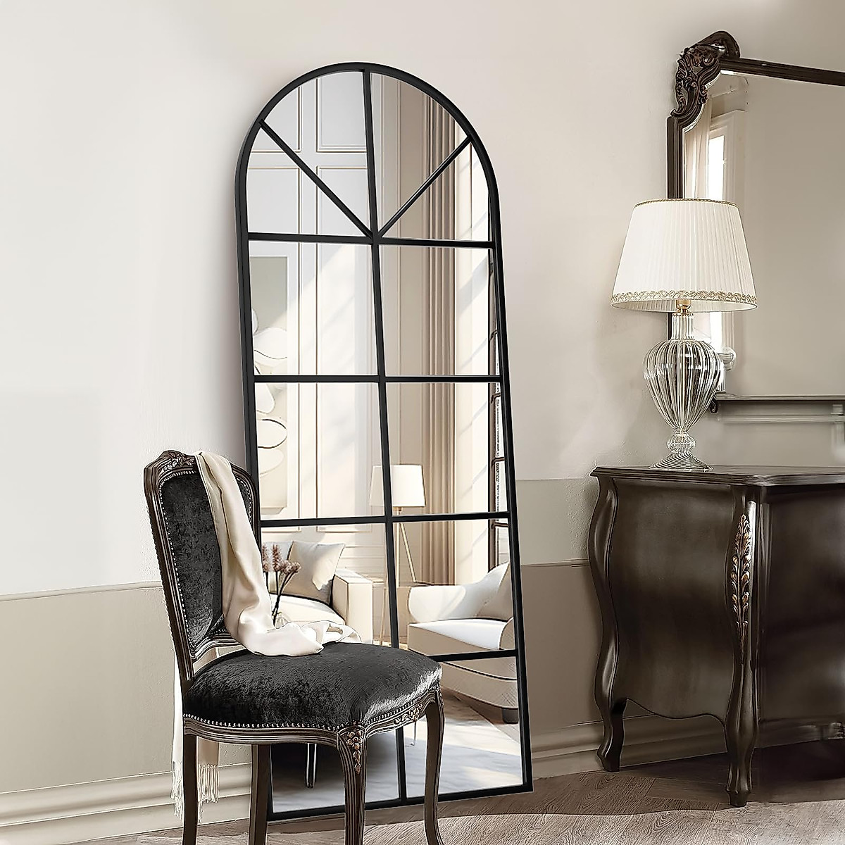 ZMYCZ Floor Full Length Mirror, Black Arched-Top, Large Window Pane Mirror, Wall Mounted Mirror, 65"x22" Standing Mirror Hanging or Leaning, Body Mirrors for Bedroom, No Stand