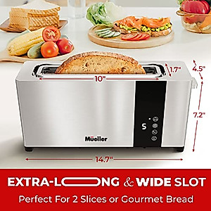 Mueller UltraToast Full Stainless Steel Toaster 2 Slice, Long Extra-Wide Slots with Removable Tray, Cancel/Defrost/Reheat Functions, 6 Browning Levels with LED Display