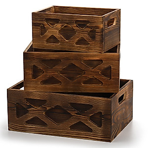 Fasmov 3 Pack Wood Nesting Storage Crates with Handle, Wood Crates Rustic Decorative Wooden Crates Nesting Storage Container Box Decorative Basket Bins for Fruit Vegetable Laundry Farmhouse, 3 Sizes