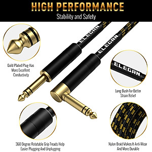 Elecan 1/4 Inch TRS Instrument Cable 6 Ft/2 Pack-Right Angle+Straight to Straight 6.35mm Male Jack Stereo Audio Interconnect Cord-Gold Plated-Braided-Balanced Line for Electric Guitar Bass+ 5 Ties
