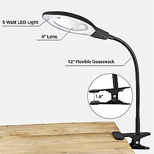 Dylviw Bright Light Desk Gooseneck Magnifier Lamp with Metal Large Clamp, Magnifying Glass with Adjustable Light for Daily Hobbies Repairing, Reading, Crafts