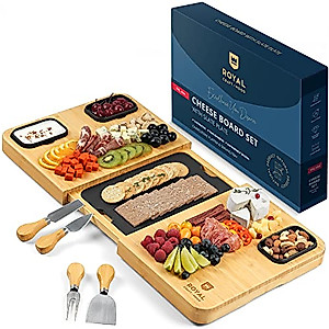Extra Large Bamboo Charcuterie Boards - Large Charcuterie Board Set w/ 3 Sauce Bowls, 4 Knives & Slate Plate - Unique Cheese Board & Serving Tray with Charcuterie Accessories - Ideal Housewarming Gift