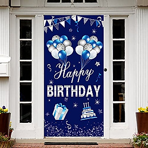 Blue Silver Happy Birthday Door Banner Decorations for Men Boys, Happy Birthday Door Cover Sign Party Supplies, 16th 21st 30th 40th 50th 60th Birthday Background Photo Booth Decor