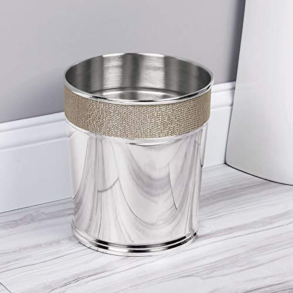 mDesign Decorative Round Small Trash Can Wastebasket, Garbage Container Bin for Bathrooms, Powder Rooms, Kitchens, Home Offices - Polished Stainless Steel with Woven Metallic Textured Accent