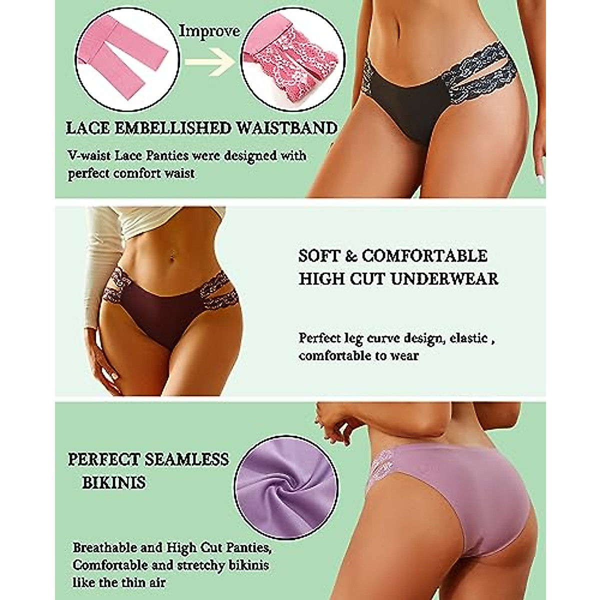 FINETOO Seamless Underwear for Women Cheeky Bikini Panties High Cut V-waist Lace Underwear Women Cute Bikinis 6 Pack