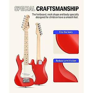 Donner 30 Inch Kids Electric Guitar Beginner Kits ST Style Mini Electric Guitar for Boys Girls with Amp, 600D Bag, Tuner, Picks, Cable, Strap, Extra Strings, DSJ-100, Red