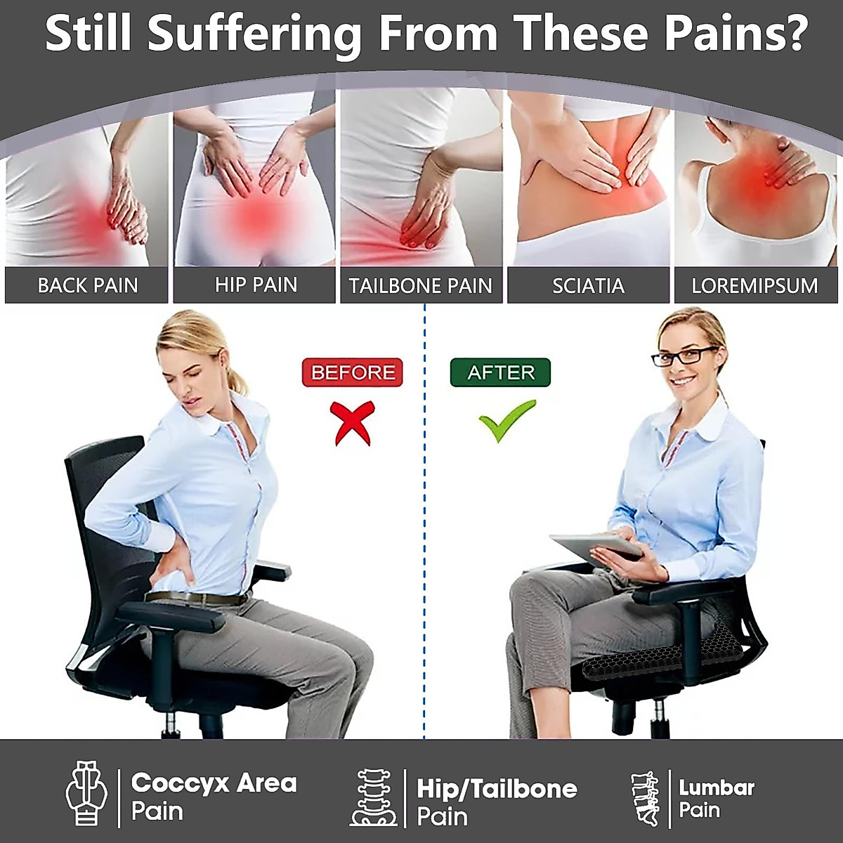 Aiouarc Gel Seat Cushion for Long Sitting, Desk Chair Cushion, Pain Relief Cushion, Office Chair Cushion, Cushion Tailbone Pain, Wheelchair Cushion, Car Seat Cushion, Chair Cushion