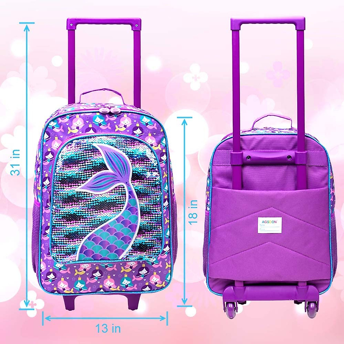 gxtvo Kids Suitcase with Wheels for Girls, Mermaid Rolling carry on Luggage for Toddler Children