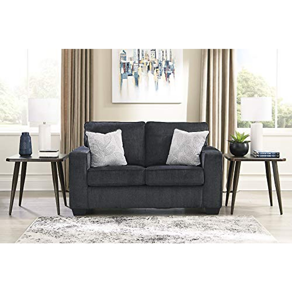 Signature Design by Ashley Altari Modern Loveseat with 2 Accent Pillows, Dark Gray
