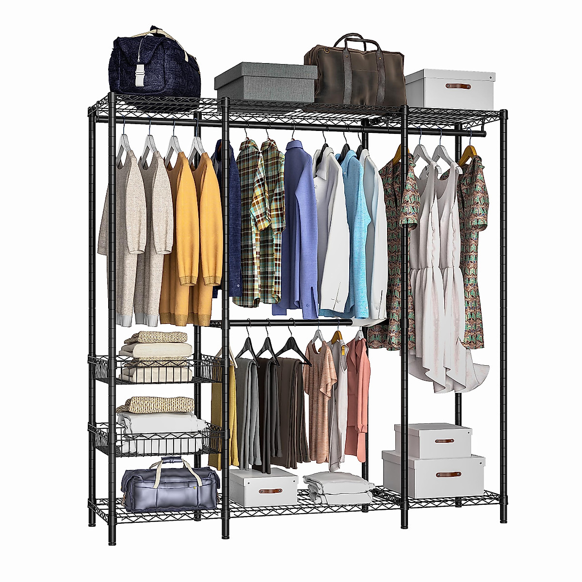Xiofio Heavy Duty Clothes Rack,Multi-Functional Clothing Rack Freestanding Bedroom Garment Rack for Hanging Clothes,Adjustable Shelf and Fixed Baskets,55" L x 15.7" W x 75" H Max Load 800LBS,Black