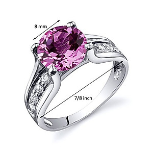 PEORA Created Pink Sapphire Cathedral Solitaire Ring for Women 925 Sterling Silver, 2.75 Carats Round Shape 8mm, Size 5