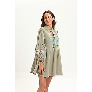 Aofur Women Bohemian Vintage Embroidered Cotton Spring Shift Mini Dress Long Sleeve Casual Tops Blouse (Medium, SR069 Green)