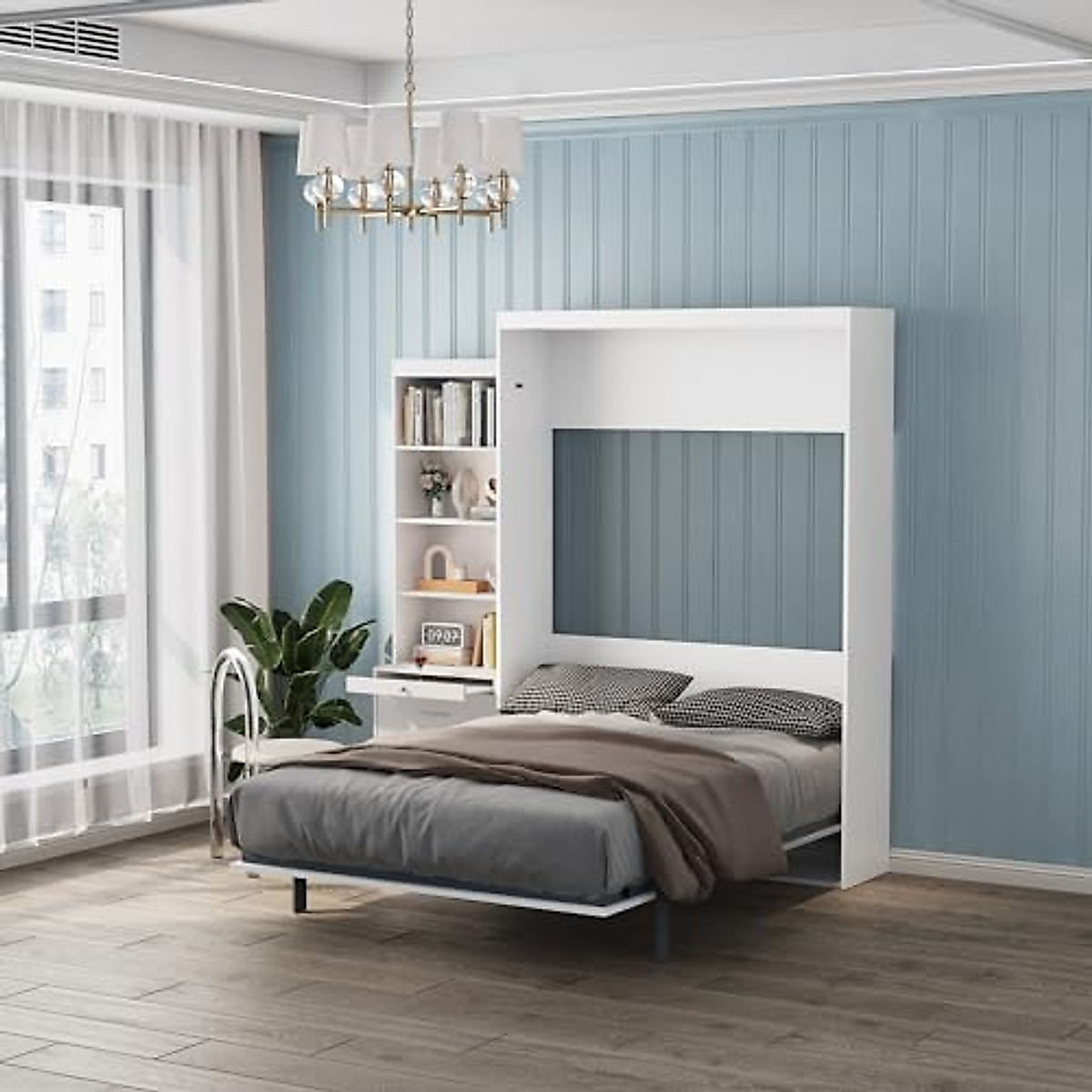 WOXYX Full Size Murphy Bed with Shelf and Drawers, Mordern Design Multifunctional Foldable Platform Bedframe Gas Struts,White