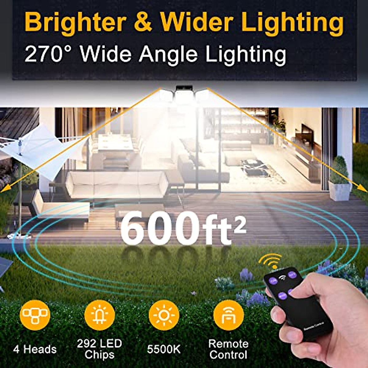 Solar Outdoor Lights Motion Sensor, 292 LED Solar Flood Lights w/Remote Control, 4 Heads Solar Panel Powered Security Lights IP65 Waterproof, Wired Solar Wall Lights for Garage Yard Shed Garden