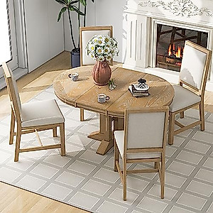 KoiHome 5 Piece, 42"-58" Farmhouse Round Extendable 16" Leaf and 4 Upholstered Chairs, Set of 5, Family Dining Table Set for Restaurant, Kitchen (Natural Wood Wash)