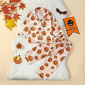 Halloween Pajamas for Toddler Girls Boys Pumpkin Silk Pajamas Long Sleeve Button-Down Tops Pants 2 Pieces Pjs Set (Pumpkin, 3-4T)