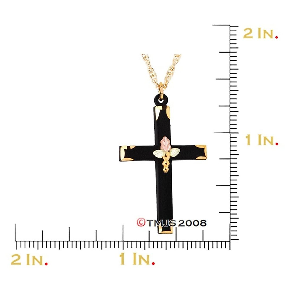 Black Powder Coated Cross Pendant Necklace, 10k Yellow Gold, 12k Green and Rose Gold Black Hills Gold Motif, 18"
