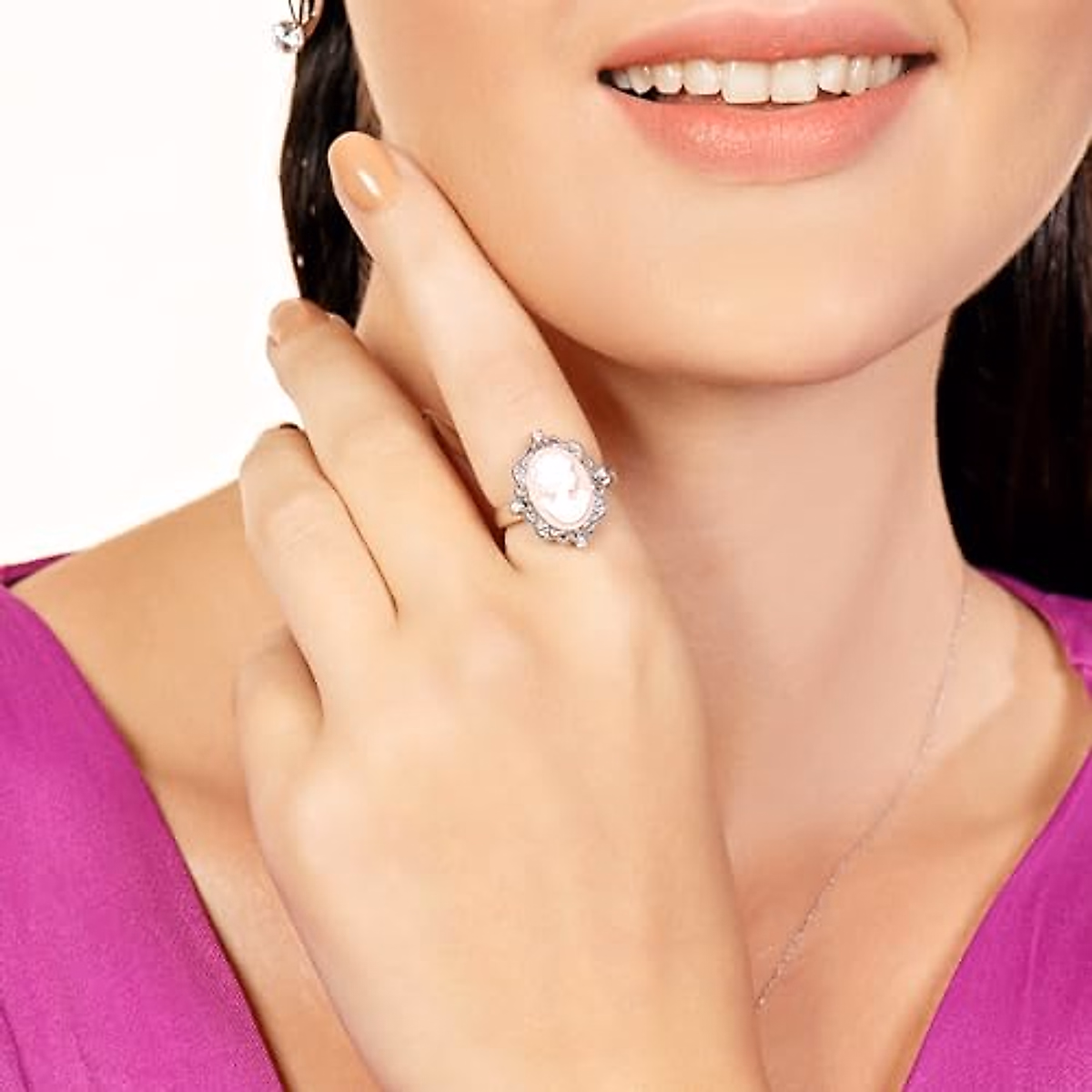 Jewelili Pink Cameo Ring in Sterling Silver with Round Created White Sapphire, Size 8