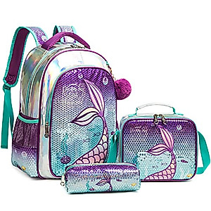 Egchescebo Girls Mermaid backpack School Bookbag for Girls Kids Bling School Elementary Backpacks for Girls 16" 3PCS Black Backpack with Lunch Box Set Purple