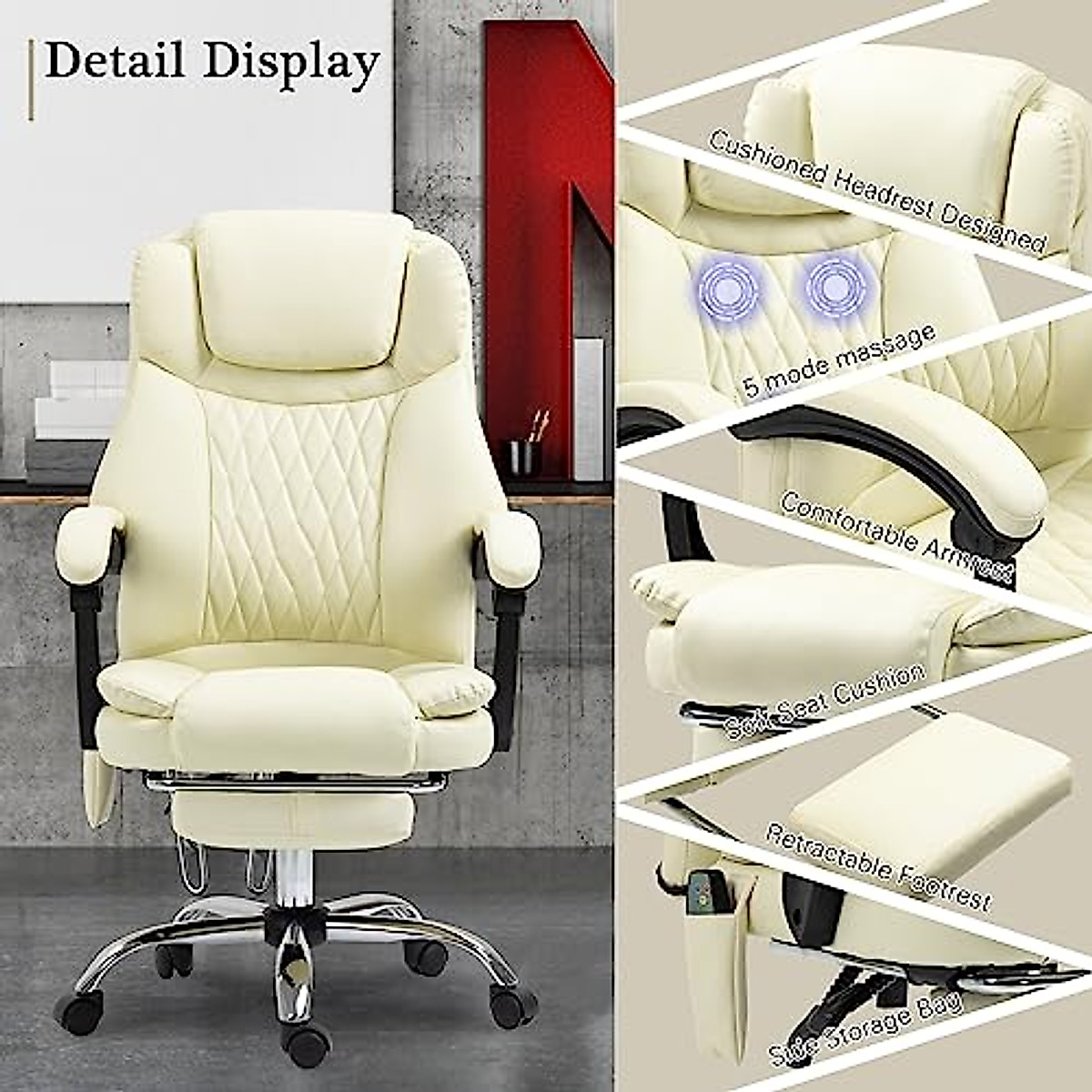 ONPNO Ergonomic Office Chair with Massager, Heated Office Chair Reclining Massage Desk Chair, Home Office Desk Chair w/Foot Rest, Padded Armrest, Height Adjustable Swivel Work Chair (White)