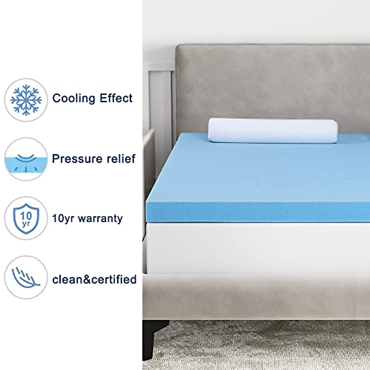 Molblly Mattress Topper Queen,2 Inch Memory Foam Bed Topper for Back Pain,Medium Soft Gel-Infused Memory Foam,10 Years Warranty,Queen Size