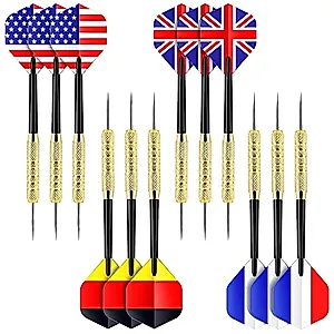 Ohuhu Steel Tip Darts, Professional Metal Darts with National Flag Flights (4 Styles) - Dart Metal Tip Set, 12 Pcs Metal Dart, Darts for Dartboard with 3 Free PVC Dart Rods