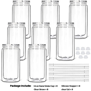 Tswofia 8 Pack plastic Snow Globe Tumbler, 16 Oz Double Wall Plastic Can with Lid and Straw, Plastic Mason Jar Mug for Snow Globe Glitter DIY Gift (Clear)