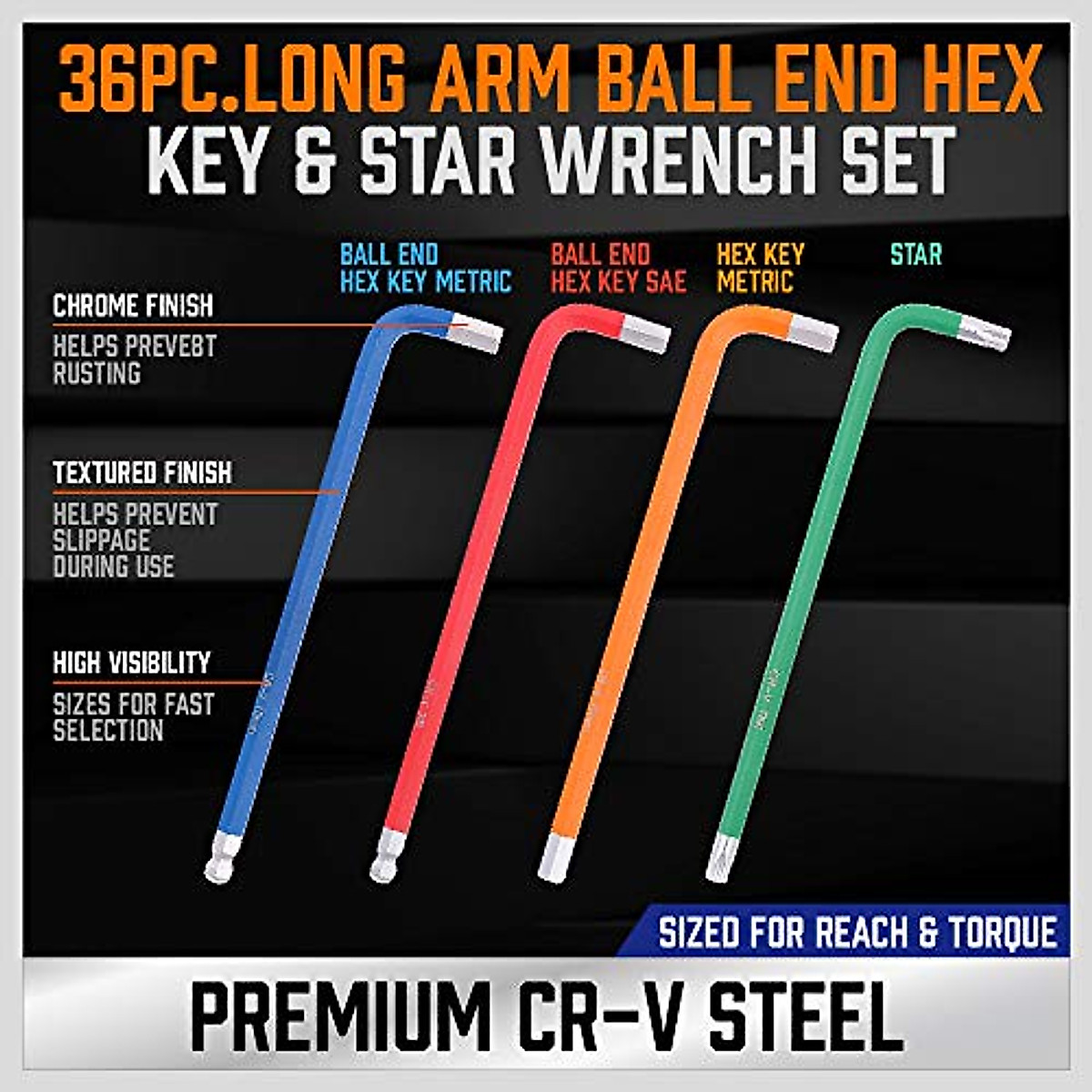 HORUSDY Hex Key Allen Wrench Set, SAE & Metric Star Long Arm Ball End Hex Key Set, Industrial Grade Allen Wrench Set