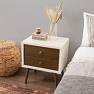 Babyletto Palma 2-Drawer Nightstand with USB Charging Port, Mid-Century, Warm White/Walnut
