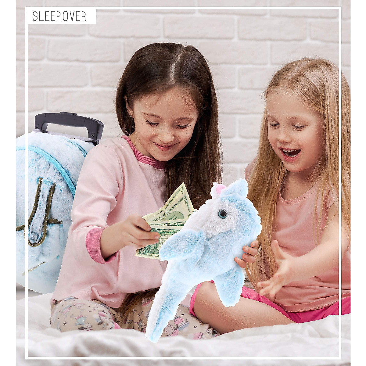 DolliBu Dolphin Plush Trolley and Purse Set - 3-in-1 Kids Trolley, Backpack, Blue Dolphin Purse, Soft Plush Backpack on Wheels, School Rolling Bag with Removable Plush Toy- 15"