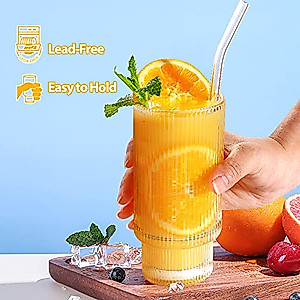 Aofmee Ribbed Drinking Glasses, Ribbed Glass Cups 12 oz, Ribbed Glassware Set of 4, Tall Glasses for Drinks Iced Tea Latte Smoothie Juice, Stackable Dinner Glass with Straw, Fluted Glassware