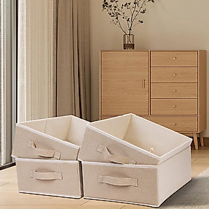 OVAKIA Foldable Storage Bins 4-Pack Fabric Closet Organizer With Handle Rectangle Storage Baskets For Bedrooms Closet Shelves Open-top Storage Boxes For Clothing Books Toys (Beige)