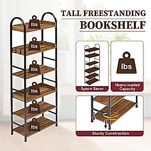 Merax 6 -Tier Tall Bookshelf Bookcase, Open Industrial Open Storage and Display Shelves with Hooks