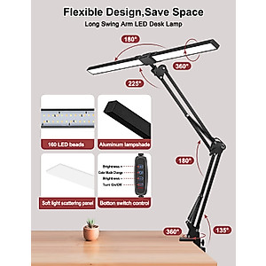 BRISON Double Head LED Desk Lamp, 24W for Home Office with 160 LED Beads, Swivel Arm Architect Desk Light with Clamp, 3 Lighting 10 Brightness, Adjustable Table Light for Read/Monitor/Work
