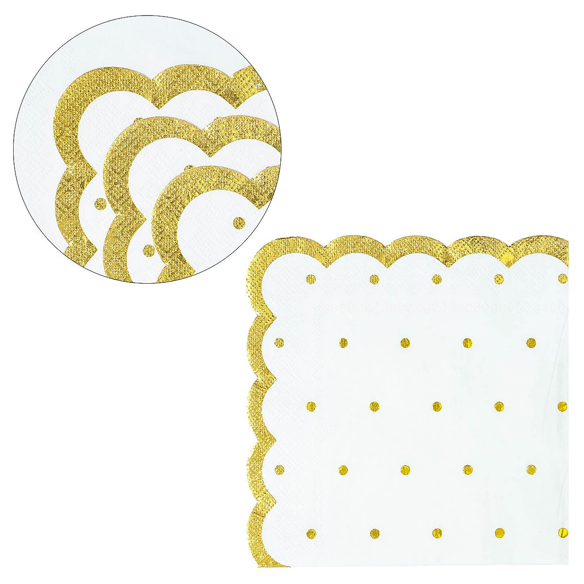 100 Pack White Scalloped Napkins with Gold Foil Edges and Dots for Wedding, Bridal, Baby Shower, Christening, any Occassion, Dinner Luncheon (3-Ply, 6.3 x 6.3 In)
